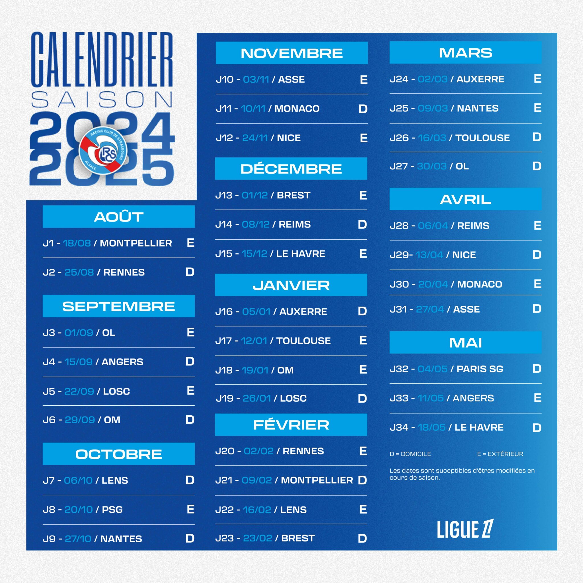 Le calendrier de la saison de Ligue 1 2024/25 est connu - Racing Club de Strasbourg Alsace
